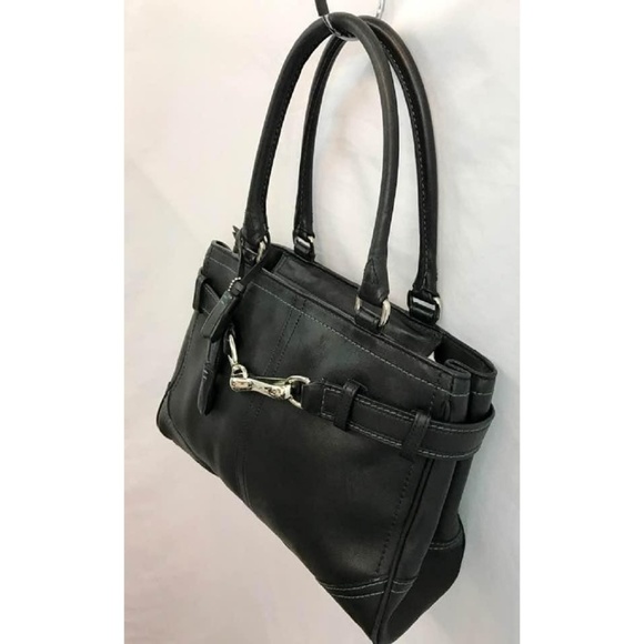 Coach | Bags | Coach Green Stitching Detail Black Leather Tote | Poshmark